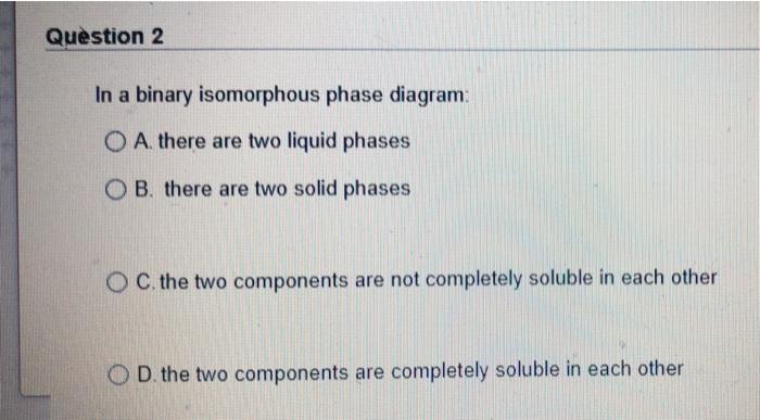 Solved Question 2 In a binary isomorphous phase diagram O A. | Chegg.com