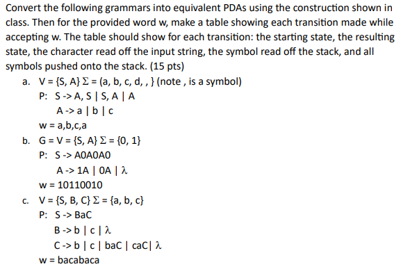 Solved Convert the following grammars into equivalent PDAs | Chegg.com