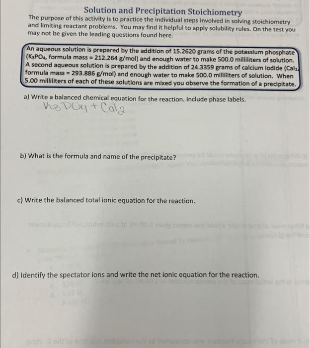 Solved Solution and Precipitation Stoichiometry The purpose | Chegg.com