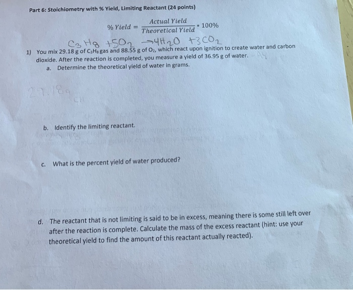 Solved Part 6: Stoichiometry with % Yield, Limiting Reactant | Chegg.com