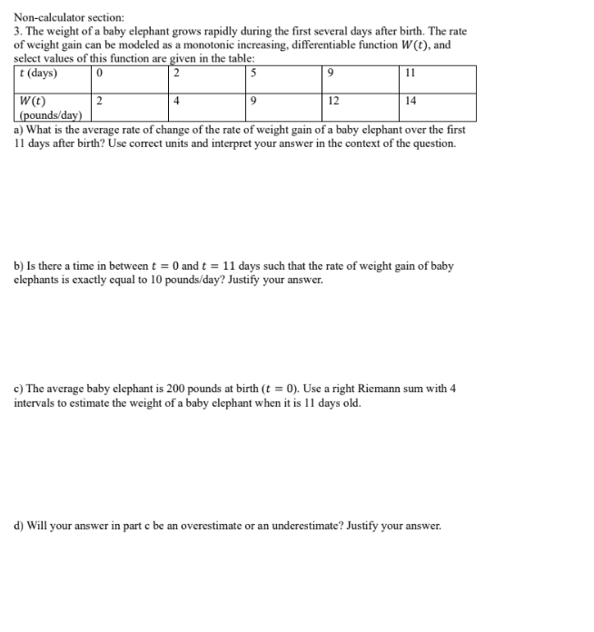 Solved Non-calculator section:The weight of a baby elephant | Chegg.com
