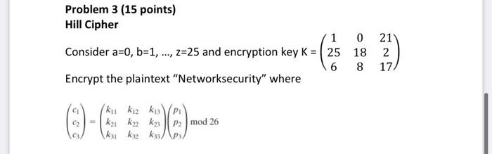 Solved Hill Cipher Consider a=0,b=1,…,z=25 and encryption | Chegg.com