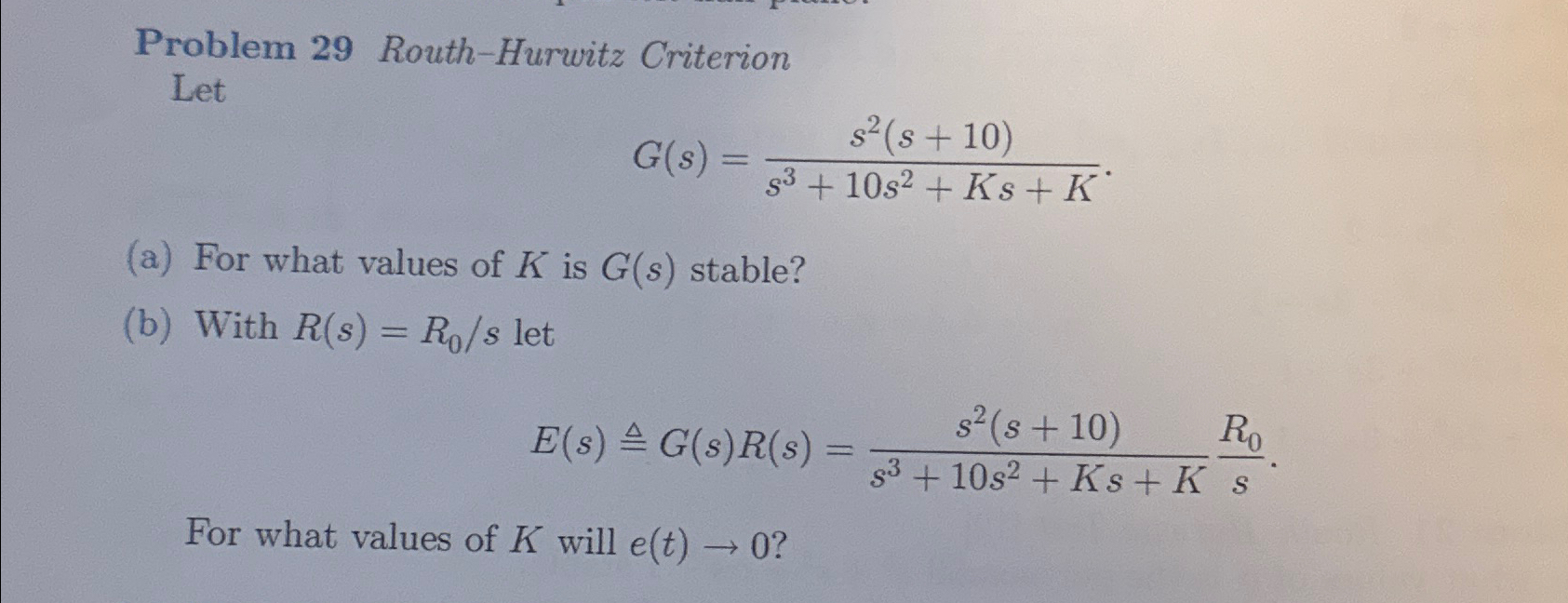 Solved Problem 29 ﻿Routh-Hurwitz | Chegg.com