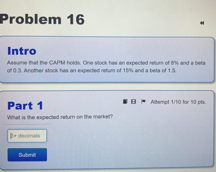 Solved Problem 16 Intro Assume that the CAPM holds. One | Chegg.com