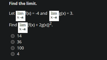 Solved Find the limit.Let limx→af(x)=-4 ﻿and | Chegg.com
