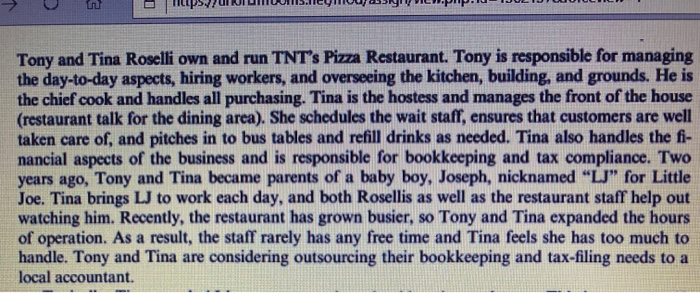 Solved Tony and Tina Roselli own and run TNT's Pizza | Chegg.com
