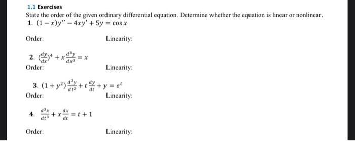 Solved 1 1 Exercises State The Order Of The Given Ordinary