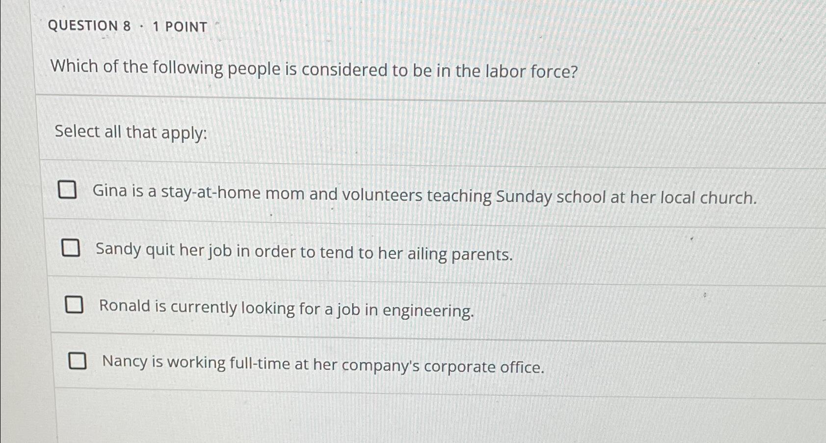 Solved QUESTION 8 - 1 ﻿POINTWhich of the following people is | Chegg.com