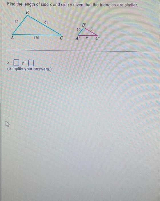 Solved Find the length of side x and side y given that the | Chegg.com