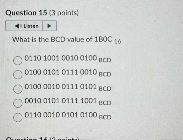 Solved Question 15 (3 points) Listen What is the BCD value | Chegg.com