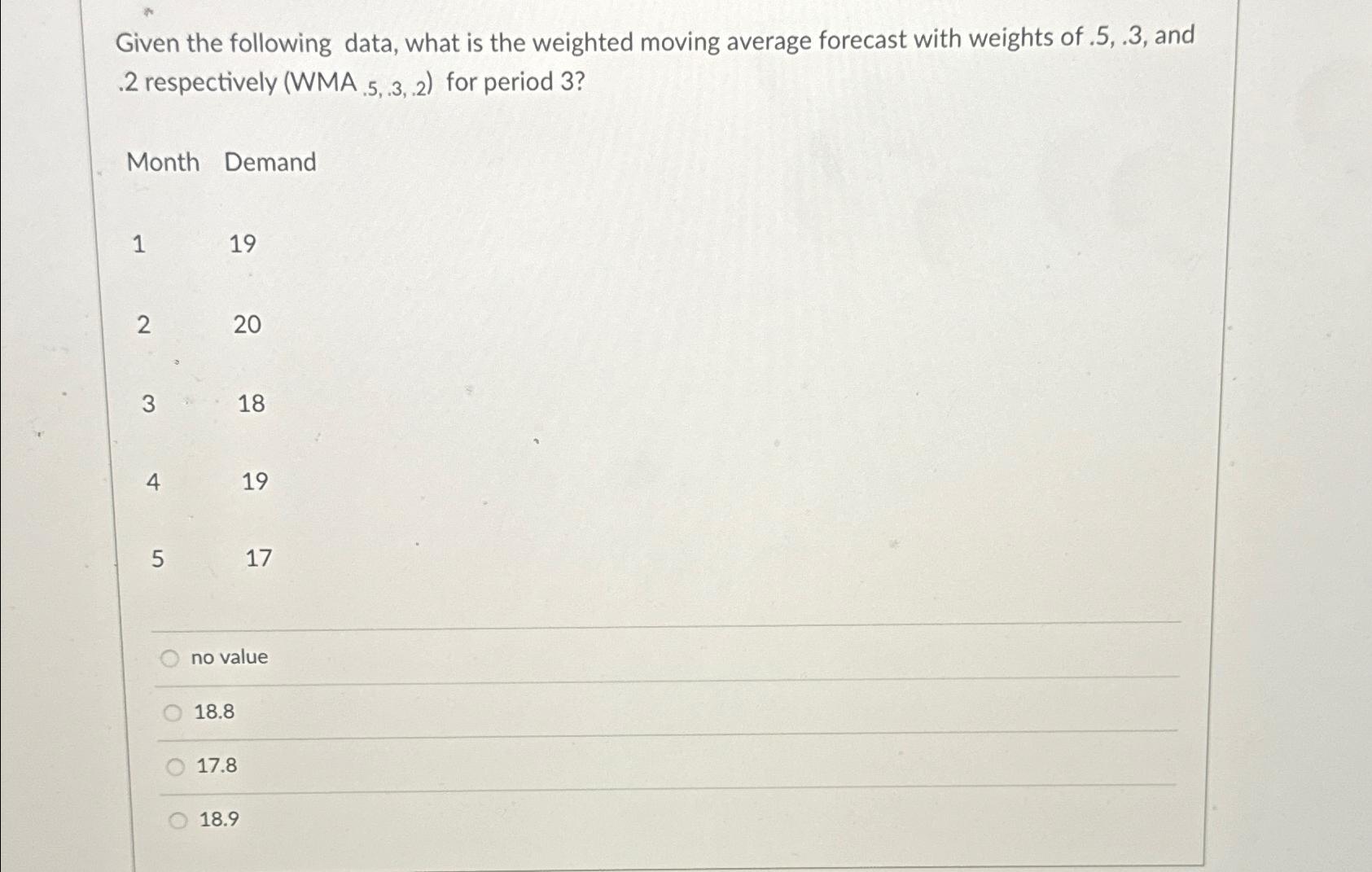 Solved Given the following data, what is the weighted moving | Chegg.com