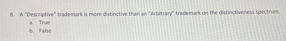 Solved A "Descriptive" trademark is more distinctive than an | Chegg.com