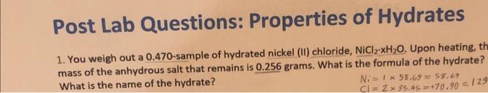 Solved Post Lab Questions: Properties of Hydrates 1. You | Chegg.com