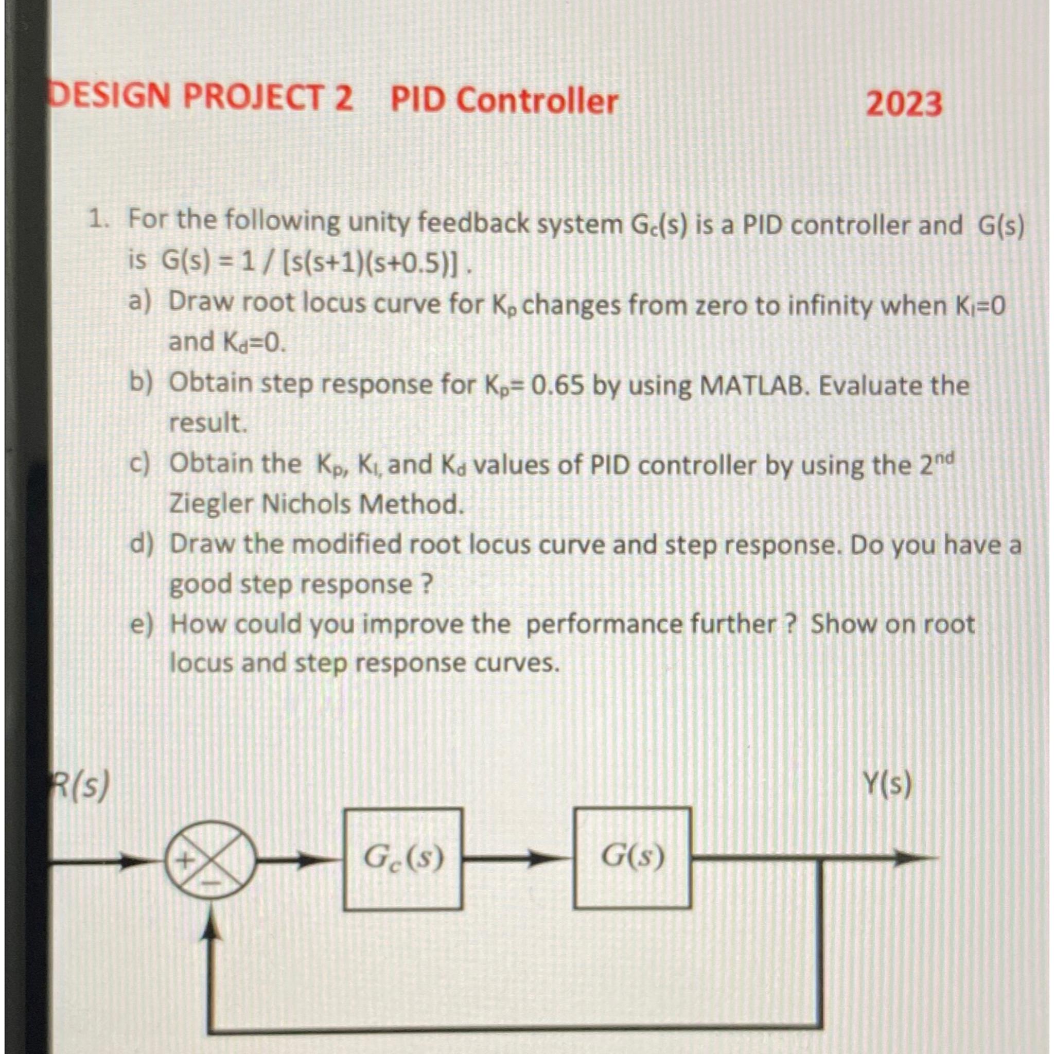 Solved DESIGN PROJECT 2PID Controller2023For the following | Chegg.com