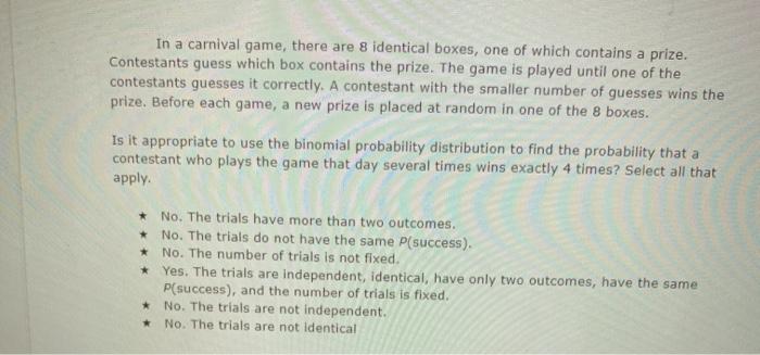 Solved In a carnival game, there are 8 identical boxes, one | Chegg.com