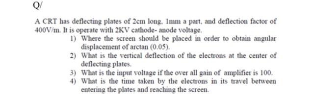 Solved Q/ A CRT has deflecting plates of 2cm long, Imm a | Chegg.com