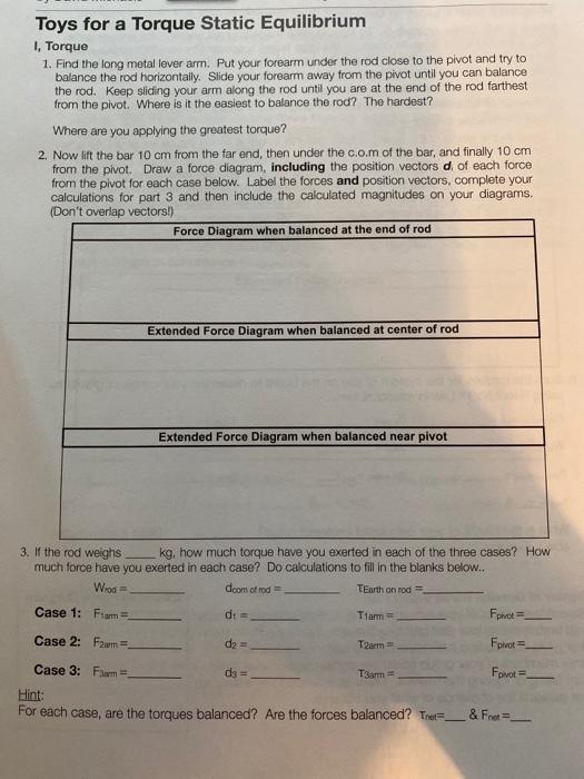Solved Toys for a Torque Static Equilibrium I, Torque 1. | Chegg.com