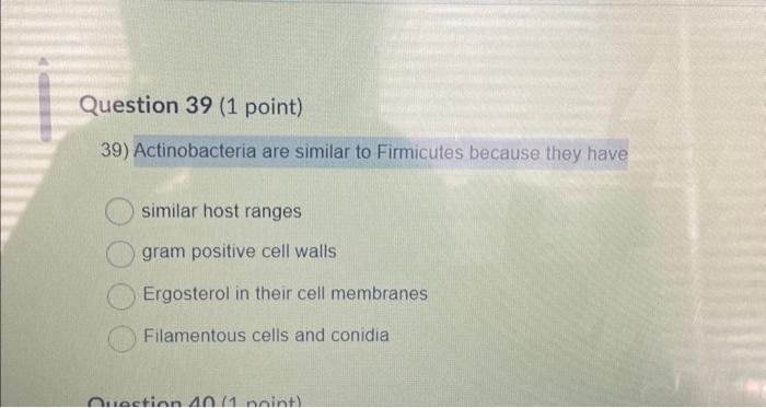 Solved Question 39 (1 point) 39) Actinobacteria are similar | Chegg.com Solved Question 39 (1 point) 39) Actinobacteria are similar | Chegg.com