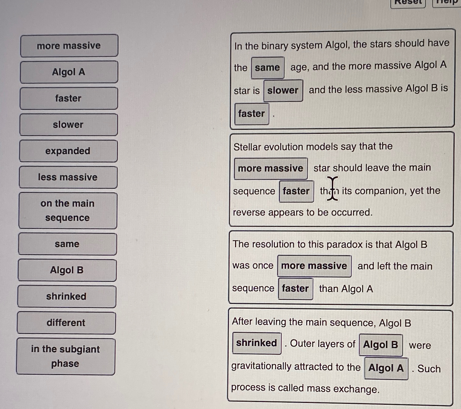 Solved more massiveAlgol Afasterslowerexpandedless massiveon | Chegg.com