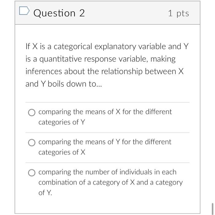 Solved Question 2 1 pts X is a categorical explanatory | Chegg.com
