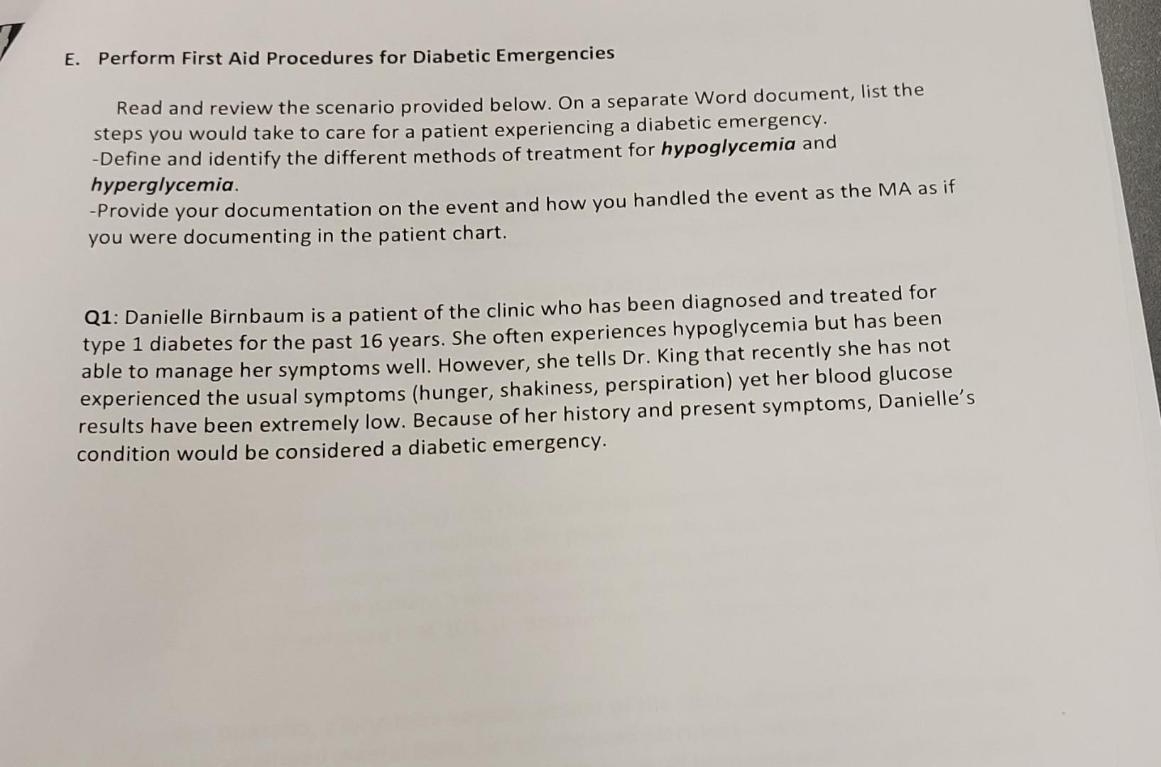 Solved E. Perform First Aid Procedures for Diabetic | Chegg.com