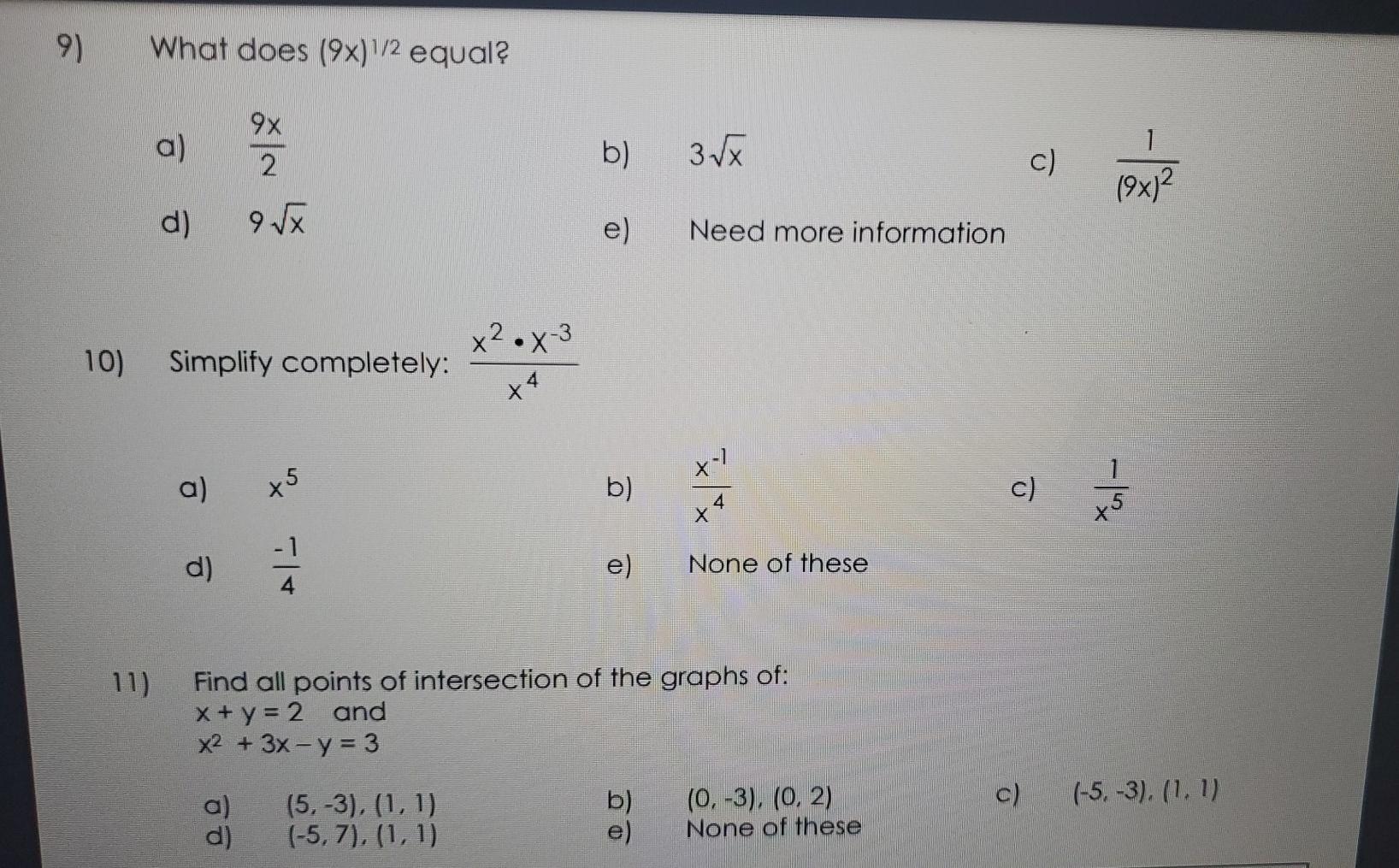 Solved 9) What does (9x)1/2 equal? 9X a) 3 x 2 b) c) 1 (9x)2 | Chegg.com