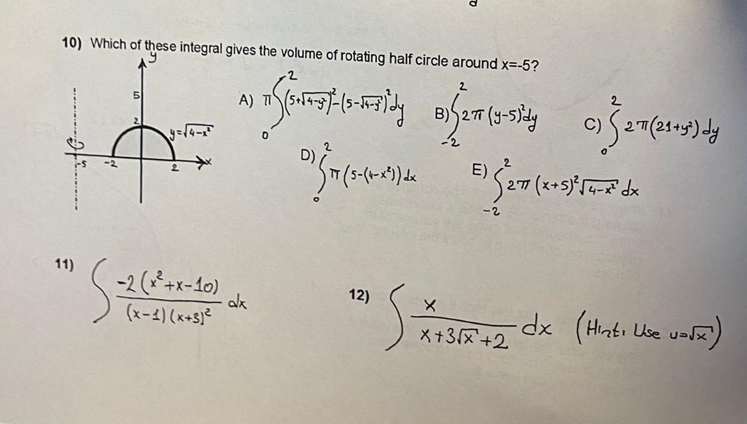 10) Which of these intenral gives the volume of | Chegg.com