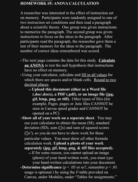 Solved HOMEWORK #5: ANOVA CALCULATION A researcher was | Chegg.com
