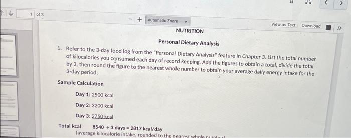 Solved Personal Dietary Analysis 1. Refer to the 3-day food | Chegg.com