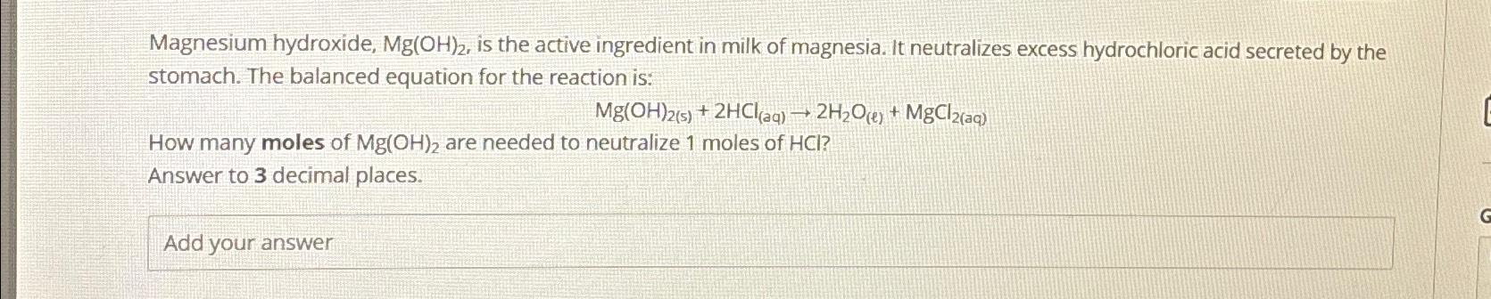 Solved Magnesium hydroxide, Mg(OH)2, ﻿is the active | Chegg.com