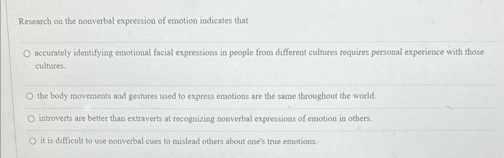 Solved Research on the nonverbal expression of emotion | Chegg.com