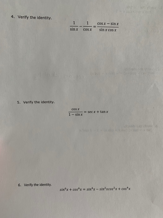 Solved 4. Verify the identity. sin x COS X - sinx sin x cos | Chegg.com