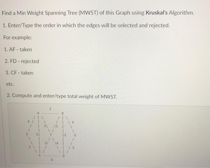 Solved Find a Min Weight Spanning Tree (MWST) of this Graph | Chegg.com