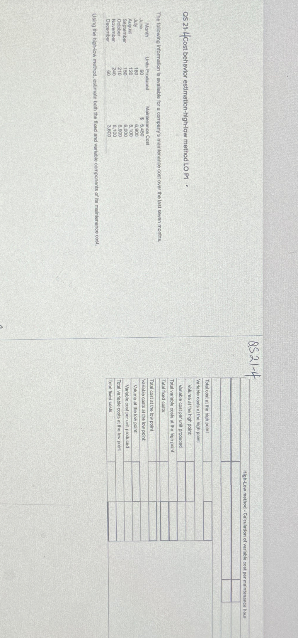 Solved QS 21-4 ﻿Cost behavior estimation-high-low method LO | Chegg.com