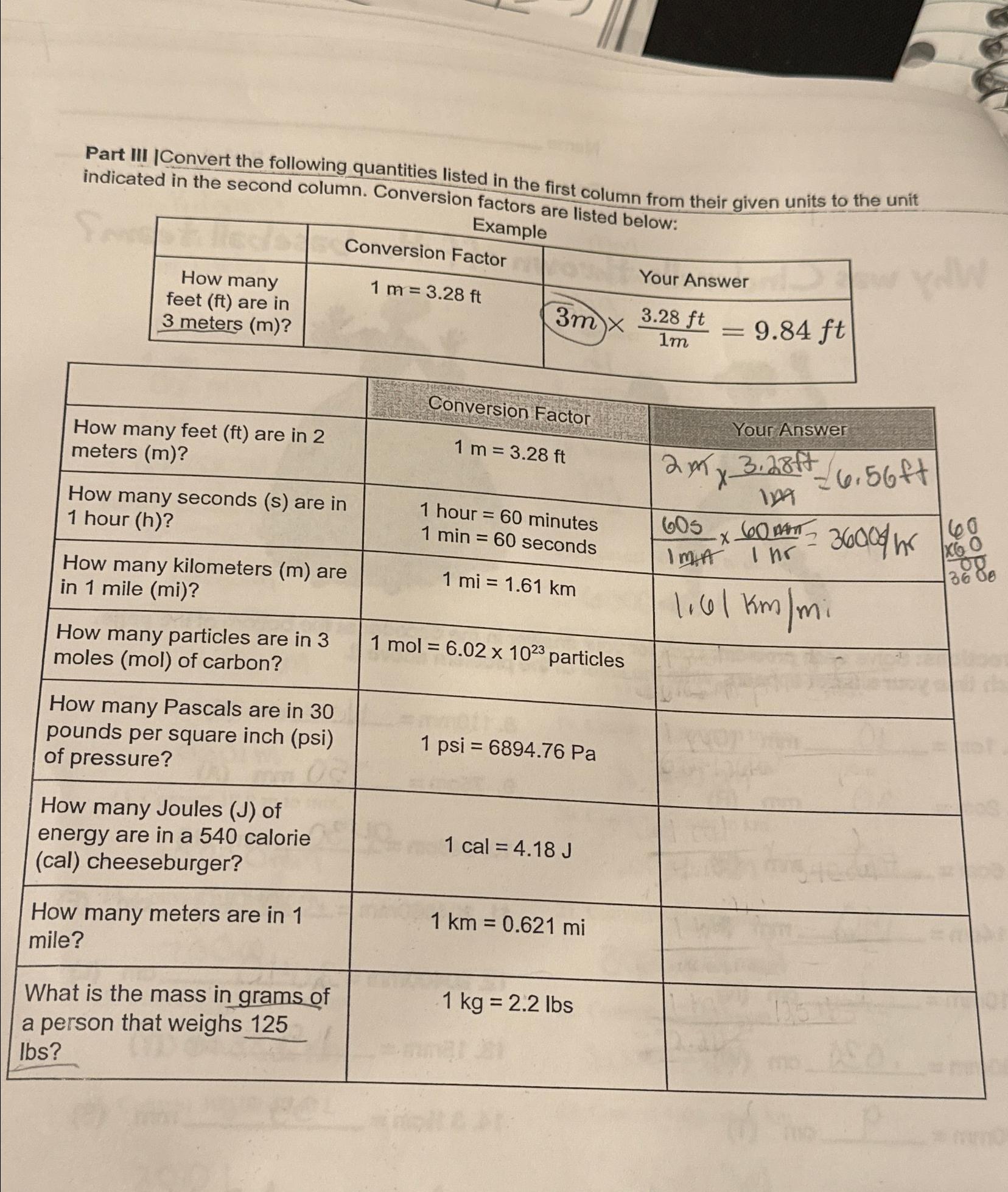 Solved Part III |Convert the following quantities listed in | Chegg.com