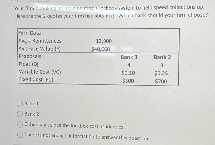 Solved Your firm is looking at implementing a lockbox system | Chegg.com