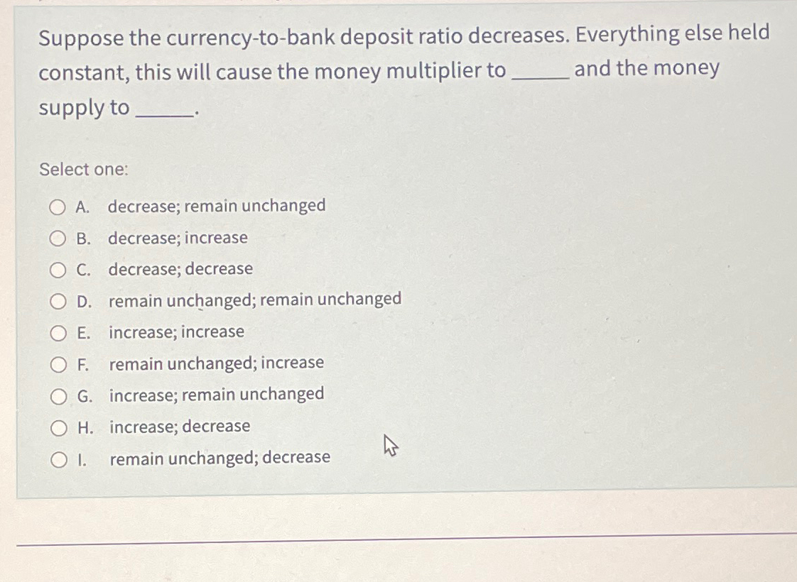 Solved Suppose the currency-to-bank deposit ratio decreases. | Chegg.com