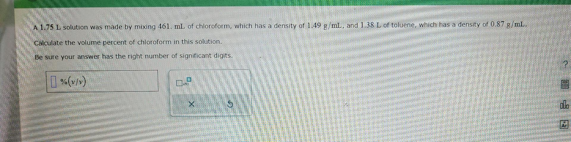 Solved A 1.75L ﻿solution was made by mixing 461.mL ﻿of | Chegg.com