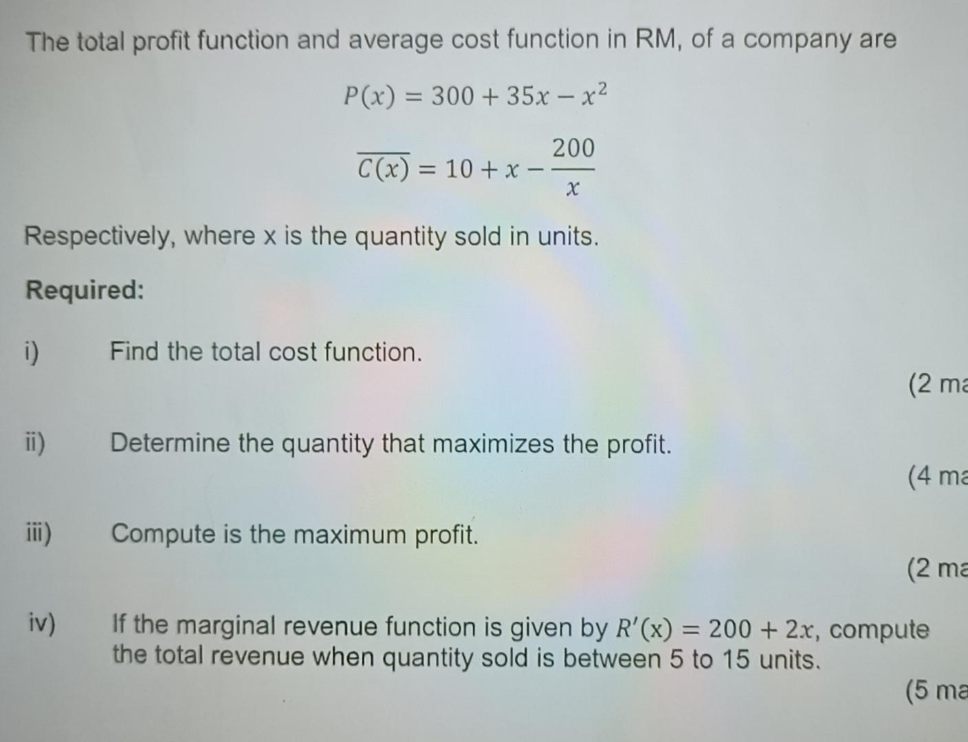 Solved The total profit function and average cost function | Chegg.com