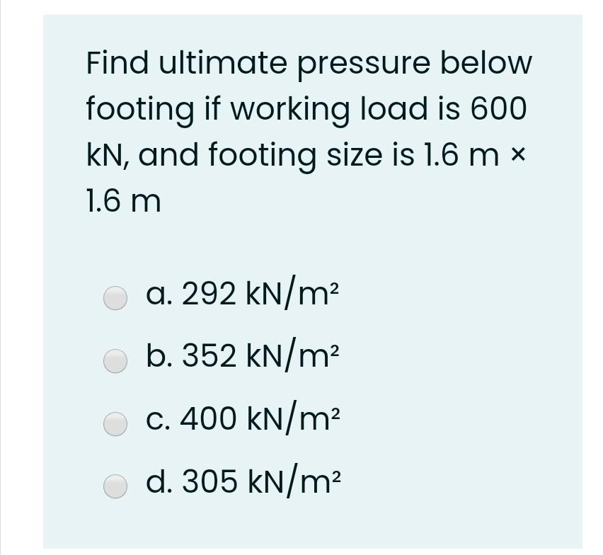 Solved Find ultimate pressure below footing if working load | Chegg.com