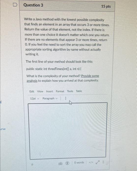 Solved D Question 3 15 pts Write a Java method with the | Chegg.com