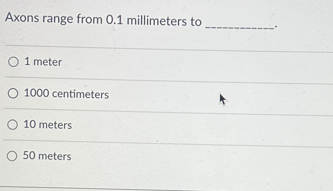 Axons range from 0.1 ﻿millimeters to1 ﻿meter1000 | Chegg.com
