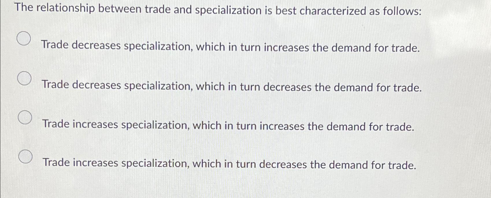 Solved The relationship between trade and specialization is | Chegg.com