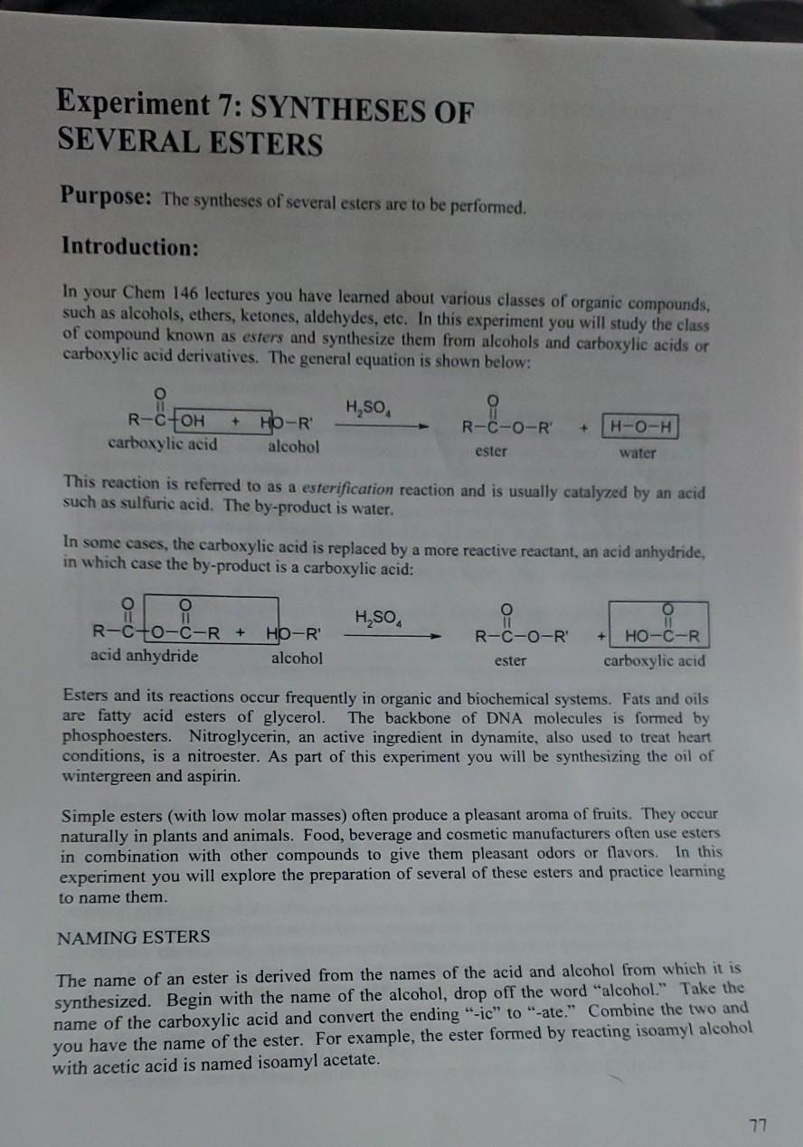Solved EXPERIMENT 7: SYNTHESES OF SEVERAL ESTERS 81 Pre-Lab | Chegg.com