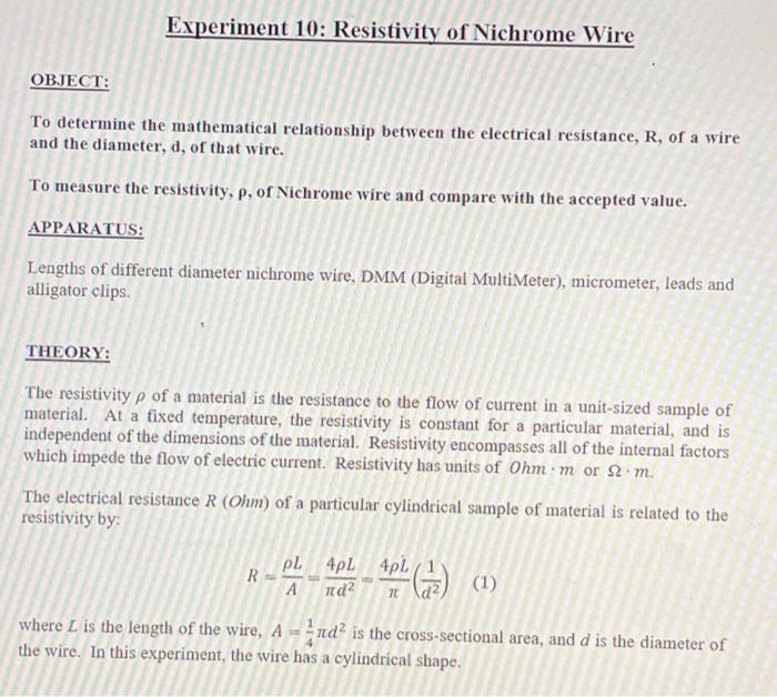 Experiment 10: Resistivity of Nichrome Wire OBJECT: | Chegg.com