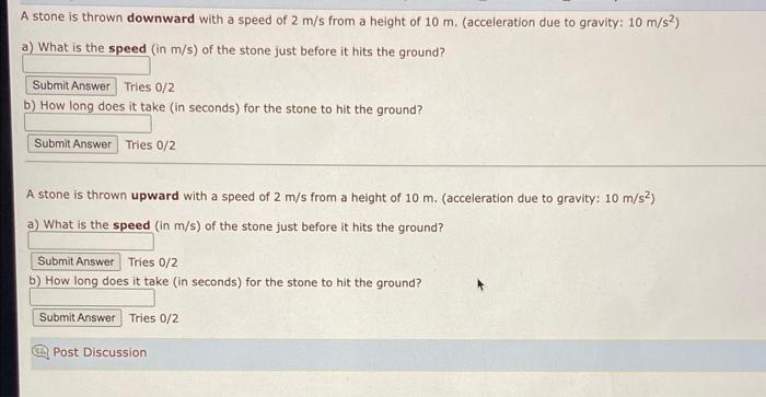 Solved A stone is thrown downward with a speed of 2 m/s from | Chegg.com