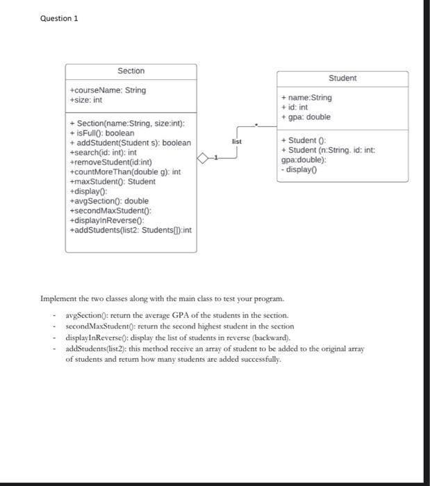 Solved Question 1 Implement the two classes along with the | Chegg.com