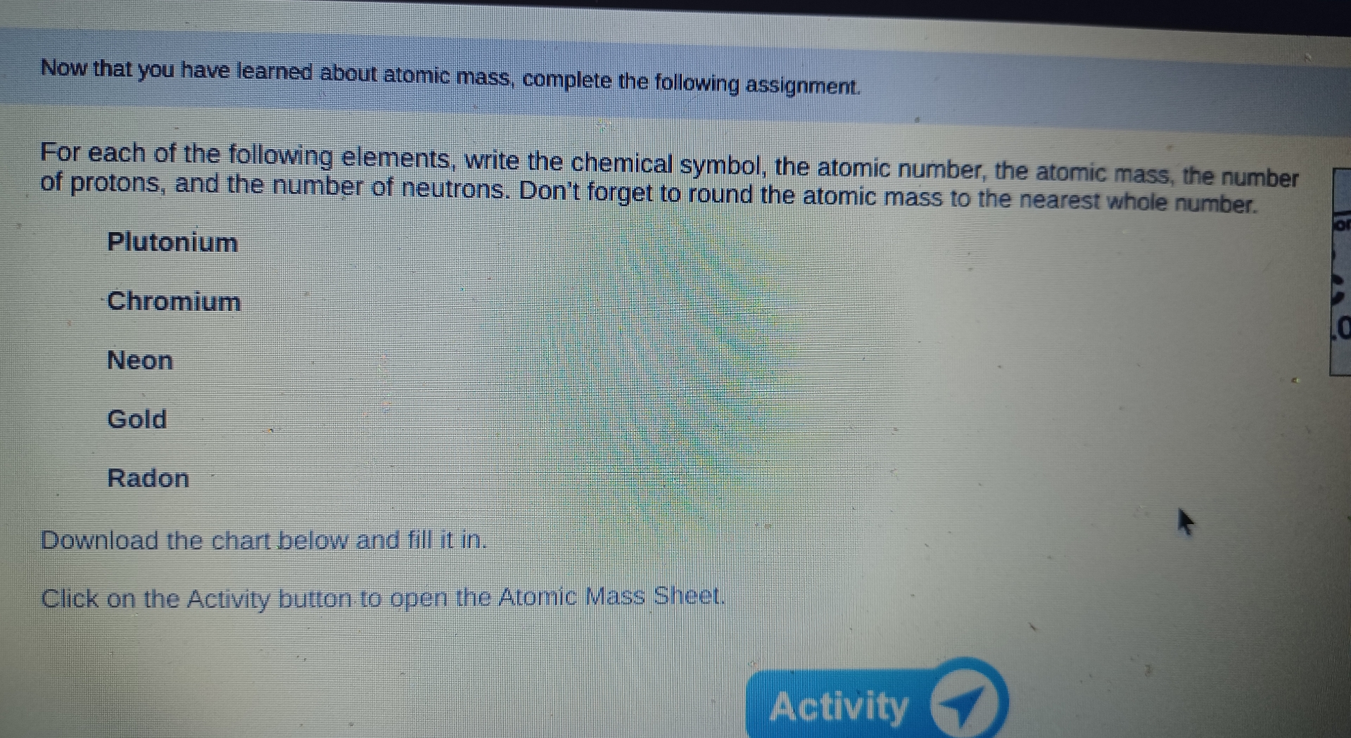 Solved Now that you have learned about atomic mass, complete | Chegg.com