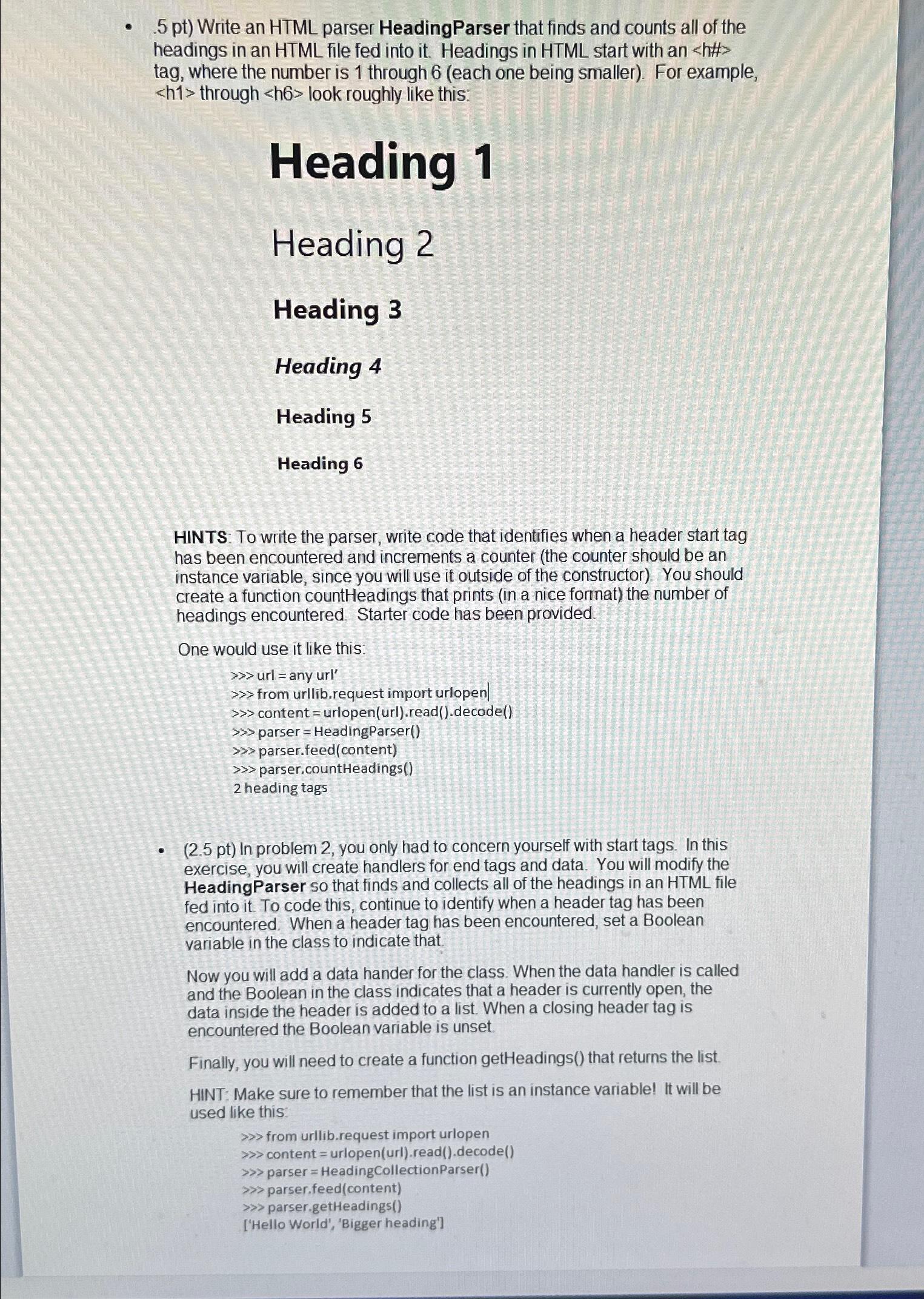 .5pt ) ﻿Write an HTML parser HeadingParser that finds | Chegg.com
