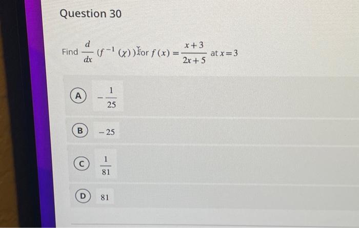 Solved dxd(f−1(χ)) for f(x)=2x+5x+3 at x=3 −251 −25 811 | Chegg.com